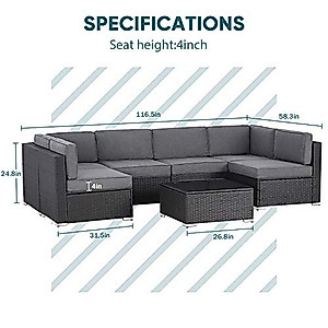 Betterland 7 Piece Outdoor Sectional Sofa Patio Furniture Set, All-Weather PE Rattan Wicker Patio Conversation Set with Washable Cushion and Glass Table(Grey)