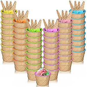 Meanplan 48 Sets Plastic Ice Cream Bowls Candy Color Ice Cream Cups with Spoon Reusable Cute Dessert Bowl for Kids Sundae Candy Yogurt Pudding Mousse DIY Baking Summer Holiday Birthday Party (Round)