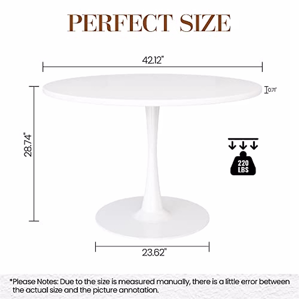 Recaceik Modern Round Dining Table, 42.1'' Tulip Table with MDF Table Top & Metal Pedestal Base for Dining Room Living Room Cafe w/ 0.71” Thickened Tabletop for 4-6 People, White