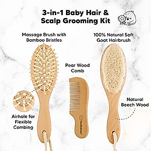 Baby Hair Brush and Baby Comb Set - Wooden Baby Brush with Soft Goat Bristle - Toddler Hair Brush Baby Brush and Comb Set - Baby Brush Set for Newborns - Infant Hair Brush, Cradle Cap (Oval, Walnut)