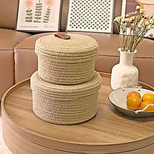 Aplolemo Jute Rope Basket with Lid,Decorative Woven Baskets with Lids,Leather Design Lidded Round Basket,Small Basket with lid,Storage Baskets with Lids-Set of 2（10"x6"/8.5"x5"）