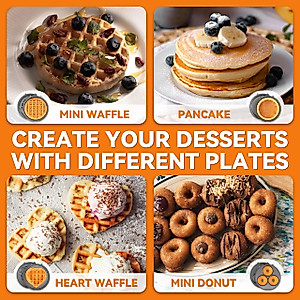 Baker's Friend 4 in 1 Mini Waffle Maker with Removable Plates, A Set of Mini Pancake Maker, Mini Donut Maker, Mini Heart Shape Waffle Maker and Small Waffle Maker, Recipe Included, Graphite