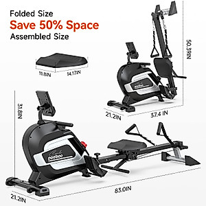 Pooboo Magnetic Rowing Machine 360 LB Weight Capacity, Folding Rower with Combination Strength Exercise, Tablet Holder and Comfortable Seat Cushion, Rower for Home Use