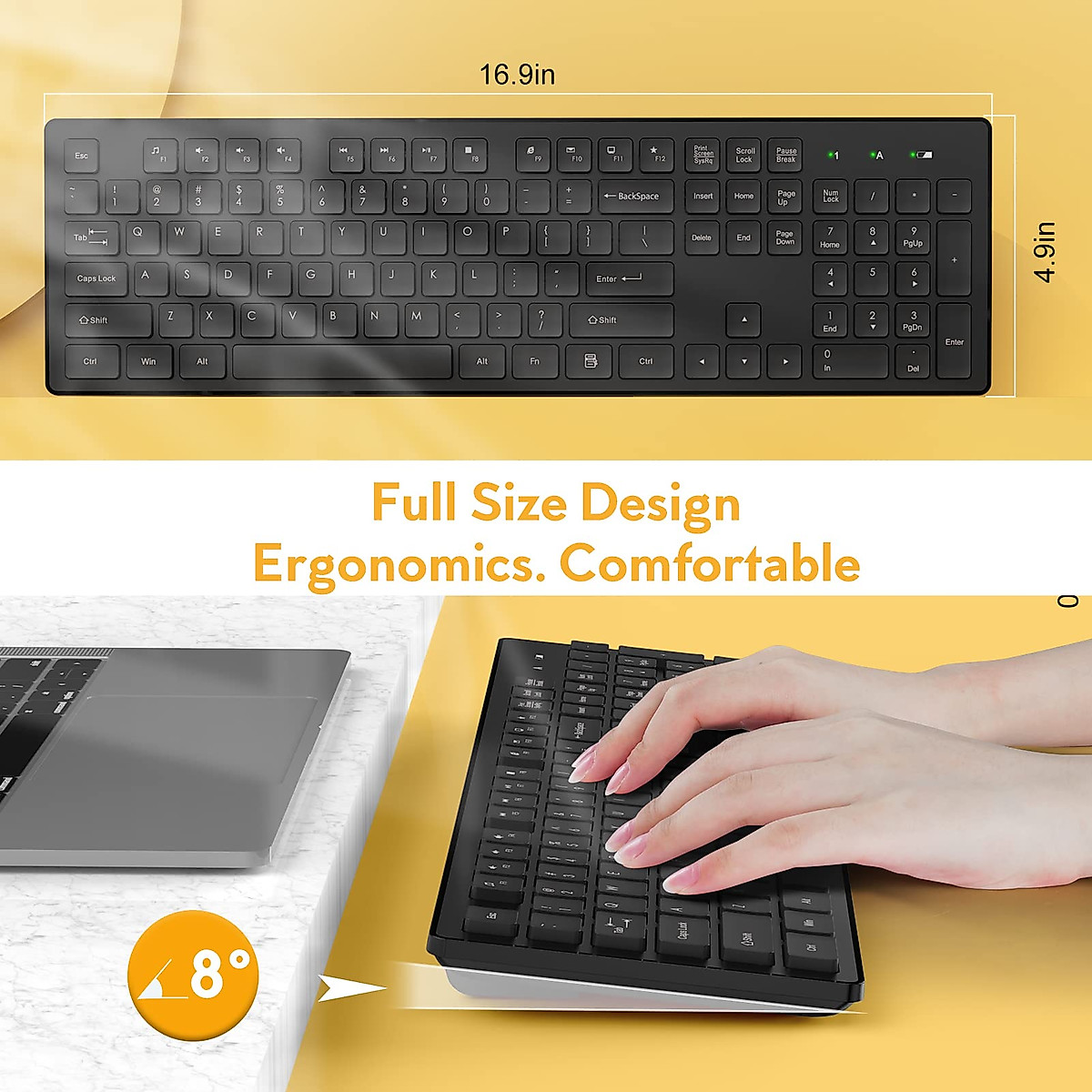 RATEL Office Wireless Keyboard, 2.4G Full-Size Silent Keyboard with Numeric Keypad, Long Battery Life, Lag-Free, Slim USB Cordless Keyboard for PC Laptop Computer Windows (Black)