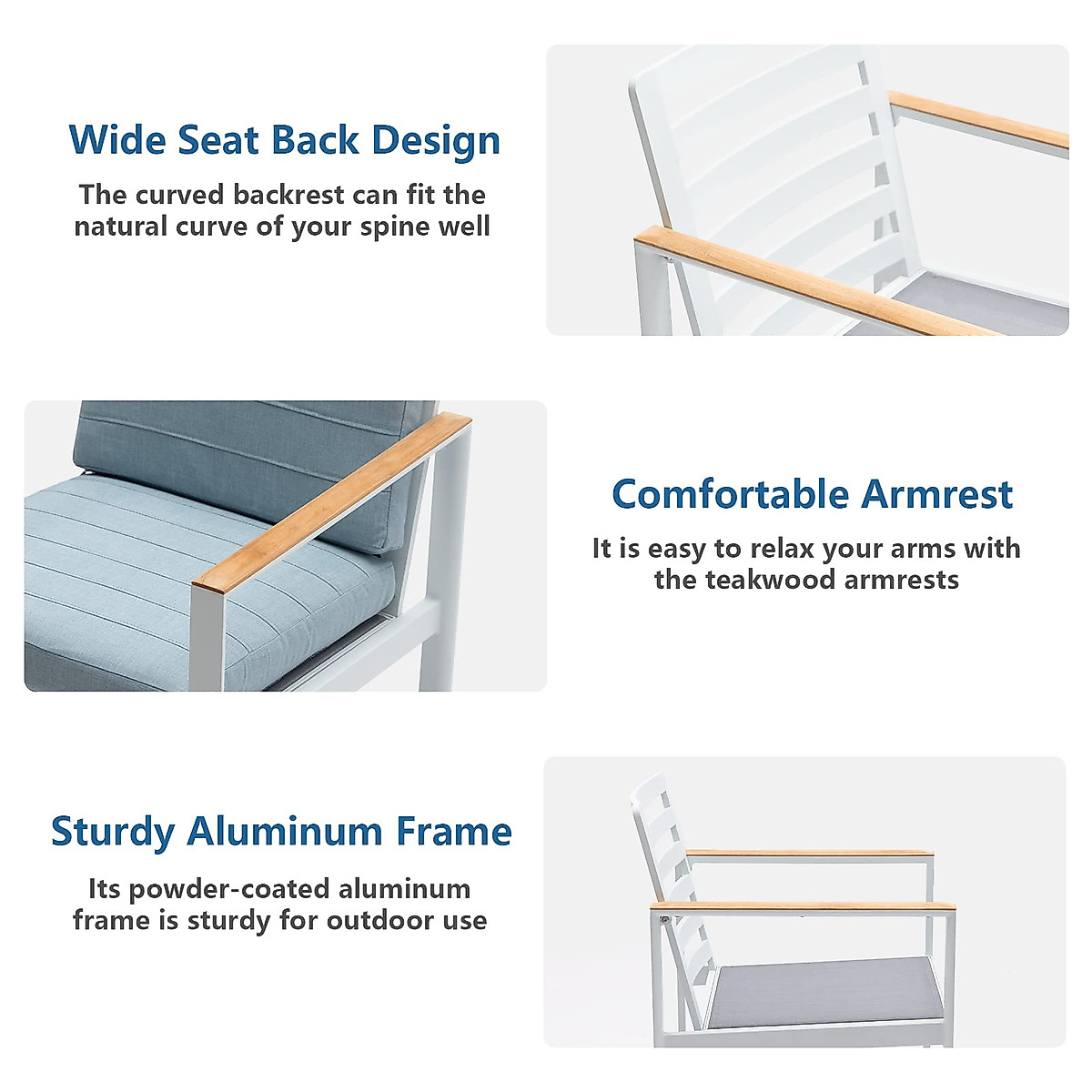 LebenLiebe Outdoor Dining Chair Set Patio Dining Chairs Set of 2 with Seat Cushions Aluminum Outdoor Furniture Chair with Teak Armrest for Garden,White Frame