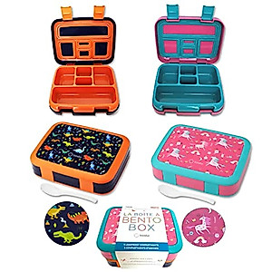 Bento Lunch Box for Kids Toddlers Boys Girls, 5 Portion Sections Secure Lid, Microwave Safe BPA Free Removable Tray, Pre-School Kid Daycare Lunches Snack Container, Unicorn Dinosaur 2 pack