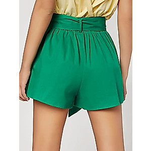 Floerns Women's Solid Elastic High Waist Buckle Belted Wide Leg Shorts Green M