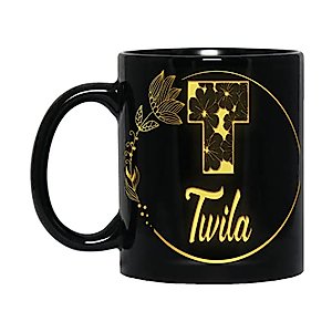 Coffee Mug Personalized Twila Name & Initial Letter Monogram Floral Alphabet Mug Golden Flowers Custom Black Coffee Cup, Gift for Her Mom Coworker Sister, Wife, Girl 11oz Black Mug 975977