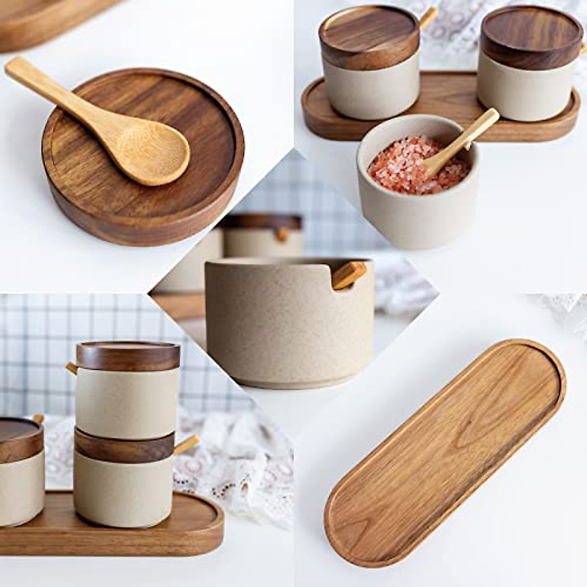 ISABETTA 3 Pcs Sugar Bowls Ceramic Condiment Pots，Ceramic spice jar，Ceramic Seasoning Jar with Wooden Lid Spoon and Tray for Home and Kitchen