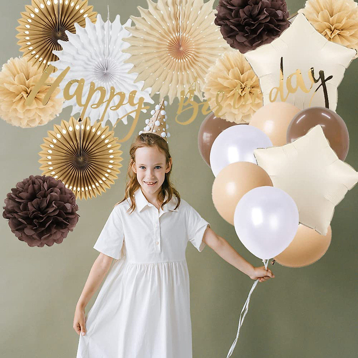 Brown Birthday Party Decorations Tan Brown Paper Fans Paper Pom Poms Happy Birthday Banner Brown Blush Neutral Balloons for Rustic Woodland Teddy Bear Boho Birthday Party Supplies