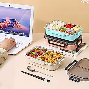 YBOBK HOME Portable Thermal Bento Lunch Box, 2 Compartments Divided Lunch Container For Adult To Work, 18/8 Stainless Steel Leak-Proof Food Container With Insulated Bag & Sauce Box (Blue 34oz)