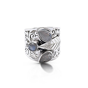 Koral Jewelry Moonstone 3 Stones Lace Ring 925 Sterling Silver Vintage Tribal Gipsy Boho Look US Size 7 8 9 (8)