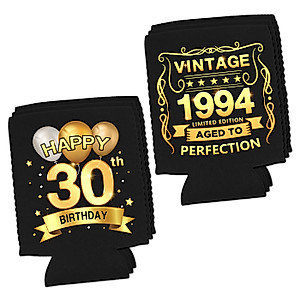 Greatingreat 30th Birthday Can Cooler Sleeves Pack of 12-30th Anniversary Decorations- Vintage 1994-30th Birthday Party Supplies - Black and Gold Thirtieth Birthday Cup Coolers