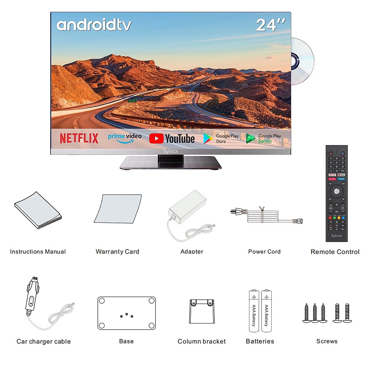 SYLVOX Smart RV TV, 24 inch TV with DVD Player Built-in, 12 Volt TV for RV Camper 1080P FHD, Android Smart Free Download APPs, Support WiFi Bluetooth, 2 HDMI & 2 USB, AC/DC Powered, Frameless Design