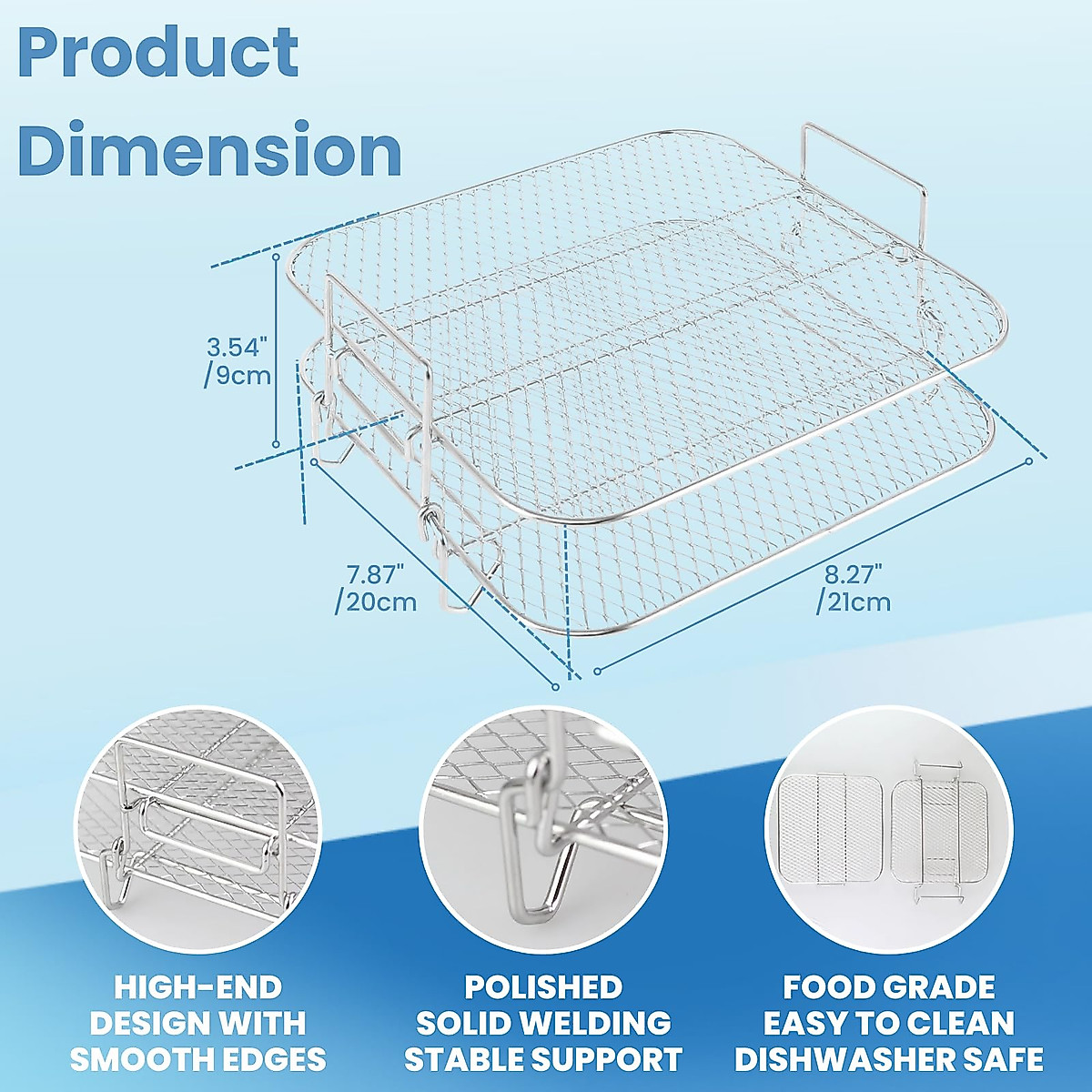 8 inch Square Air Fryer Rack, Lancisism 2 Layers Stainless Steel Dehydrator Rack Grill Square Air Fryer Accessories-8.27×8.27×3.6inch