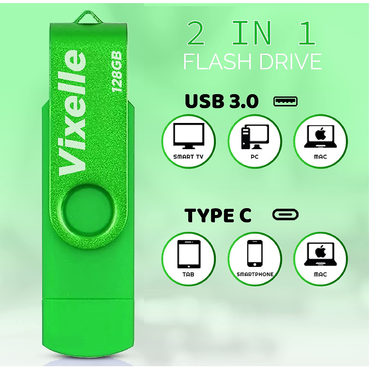 Vixelle 128GB High Speed USB 3.0 Type-C Flash Drive with Lanyard – 2in1 Dual USB C Memory Stick - 360° Swivel Pen Drive with Keychain Loop – 128GB USB Stick for Smartphone, Tablet & Computer - Green