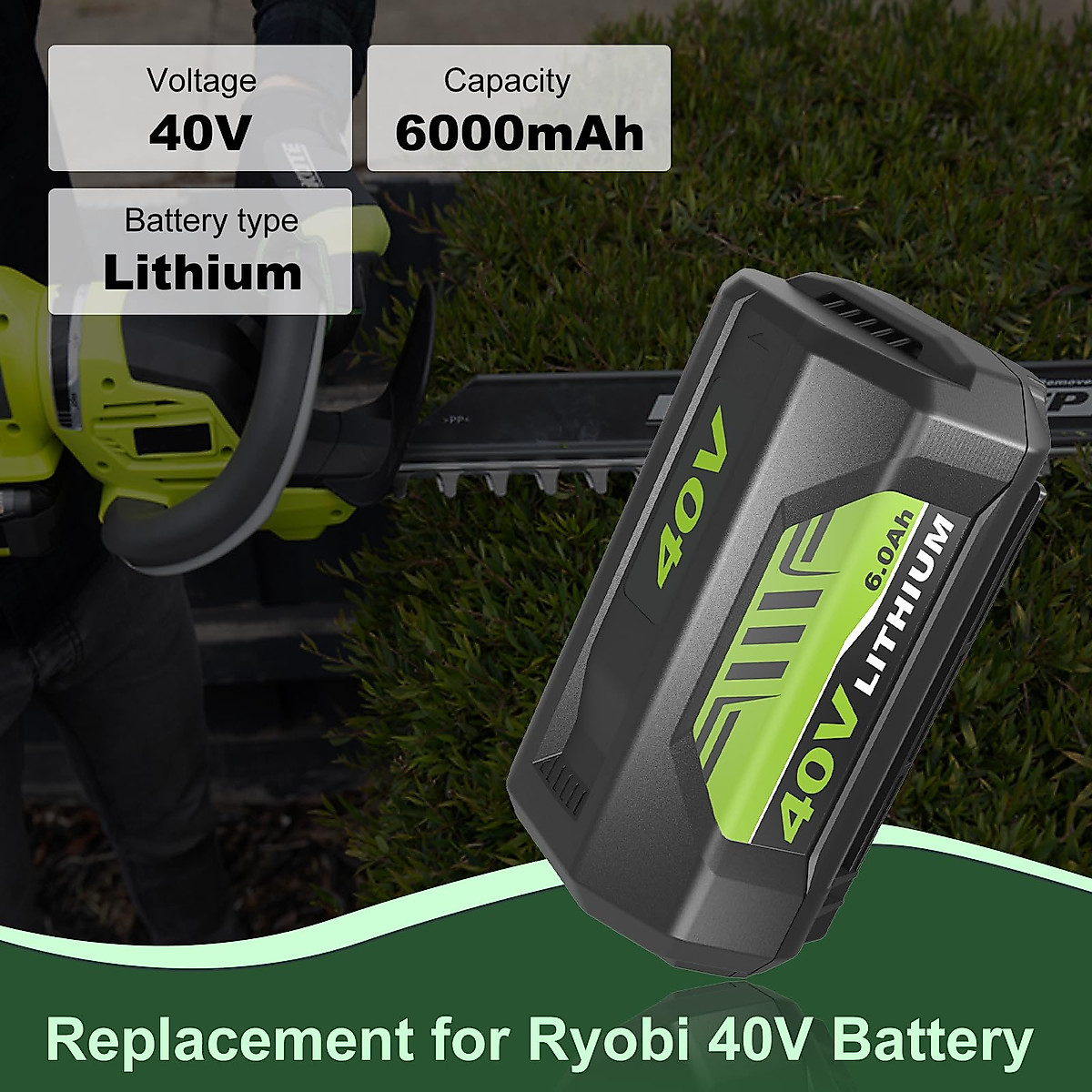 2 Pack 6.0Ah 40 Volt Replacement for Ryobi 40V Battery and Charger Kit Compatible with Ryobi 40 Volt Battery Lithium OP4040 OP40401 OP4026 OP40261 OP4050 OP40201 OP40601 (Green)