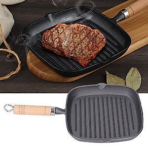 Cast Iron Grill Pan,Square Nonstick Grill Pan,Multipurpose Prevents Stick Quadrate Steak Pan,Stove Top Grill Pan with Detachable Wooden Handle for Bacon Steak Onion