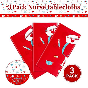 Moukeren 3 Pieces Nurse Graduation Tablecloth Nurse Graduation Party Supplies Nurse Plastic Congrats Table Covers Red White Nurse Graduation Table Cloth for Nurse Graduation Party Decor 54 x 108 Inch