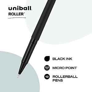 uni-ball Roller Rollerball Pens Fine Point Micro Tip, 0.5mm, Black, 12 Pack