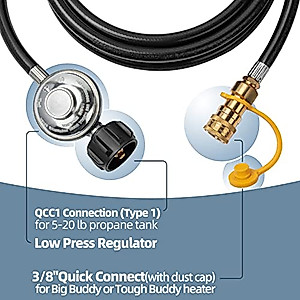 Alocs 12ft Propane Hose Adapter F271803 with Regulator for Mr Heater Big Buddy Heater & Most Gas Grill, 3/8 inch Quick Connect Disconnect Fitting to QCC1 Connection (Type 1) for 20 LB Propane Tank