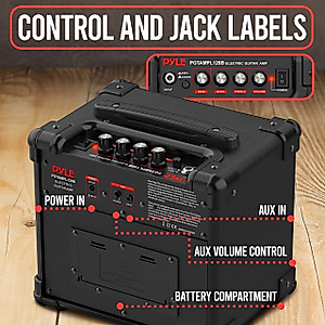Pyle Portable Electric Guitar Amp, Battery or Wall Powered 10W Mini Amplifier with 5" High Definition Speaker, Distortion, Headphone Out, Carry Strap