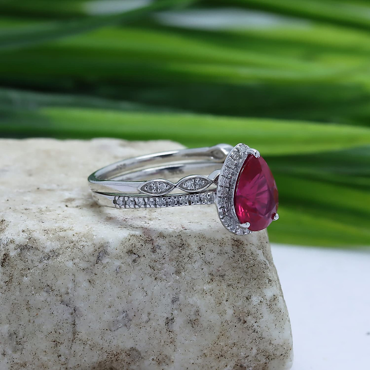 GEMVIO Collection 9X6MM Pear Cut Lab Created Ruby Gemstone & Natural Diamond Bridal Set Teardrop Engagement Ring In 14K White Gold Over Sterling Silver Anniversary Wedding Ring(1.40 Cttw)-5