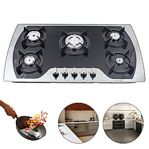 BJTDLLX 34.5" Gas Stove Cooktop, Tempered Glass Built in Gas Stove with 5 Burners Cast Iron Grates Built-in Gas Stove Top LPG/NG Gas Cooktop Thermocouple Protection and Easy to Clean Tempered Glass