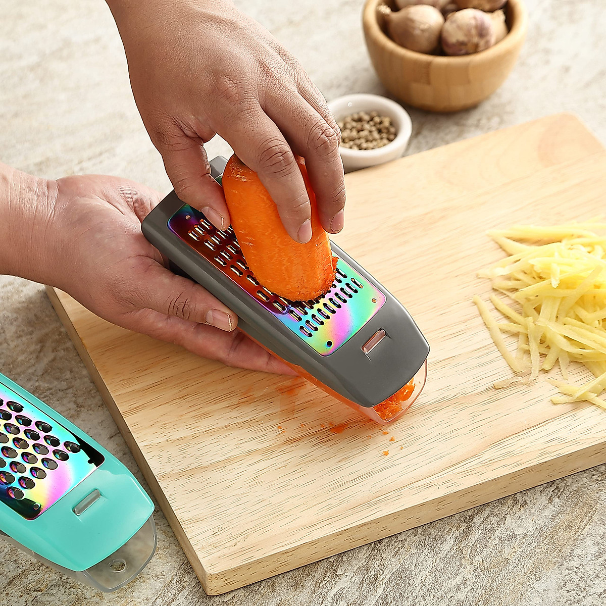 Marco Almond MA63 Graters for Kitchen + Marco Almond KYA47 Rainbow Titanium Serrated Stainless Steel Steak Knives Set of 8