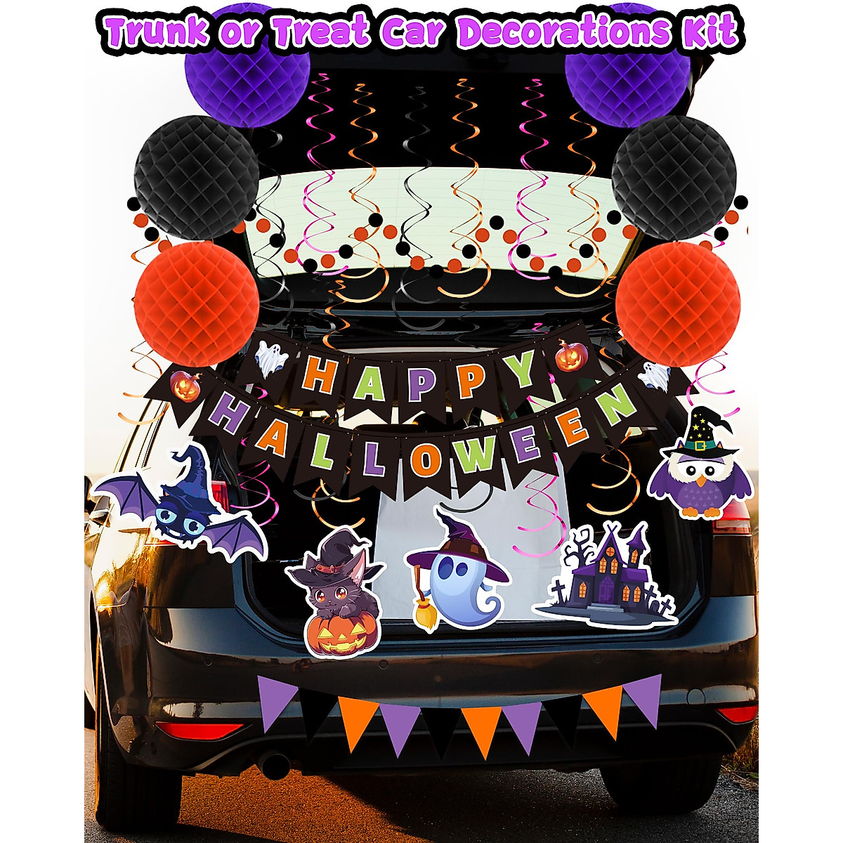 Oomloid Halloween Party Decorations Indoor - Happy Halloween Banner, Hanging Swirl Streamers, Halloween Sign Triangle Flag Bunting Halloween Supplies for Trunk or Treat Decorations