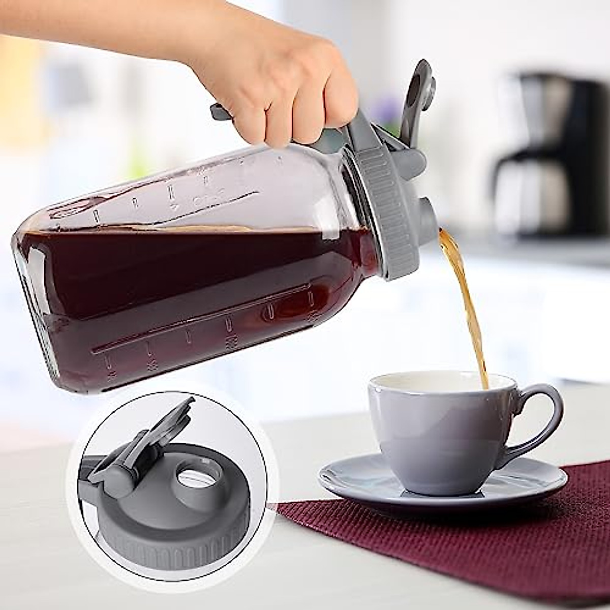 Cold Brew Mason Jar iced Coffee Maker, Durable Glass, - 64 oz (2 Quart / 1.9 Liter), With Handle& Stainless Steel Filter for Iced Brew Coffee, Lemonade, Ice Tea, Homemade Fruit Drinks Container