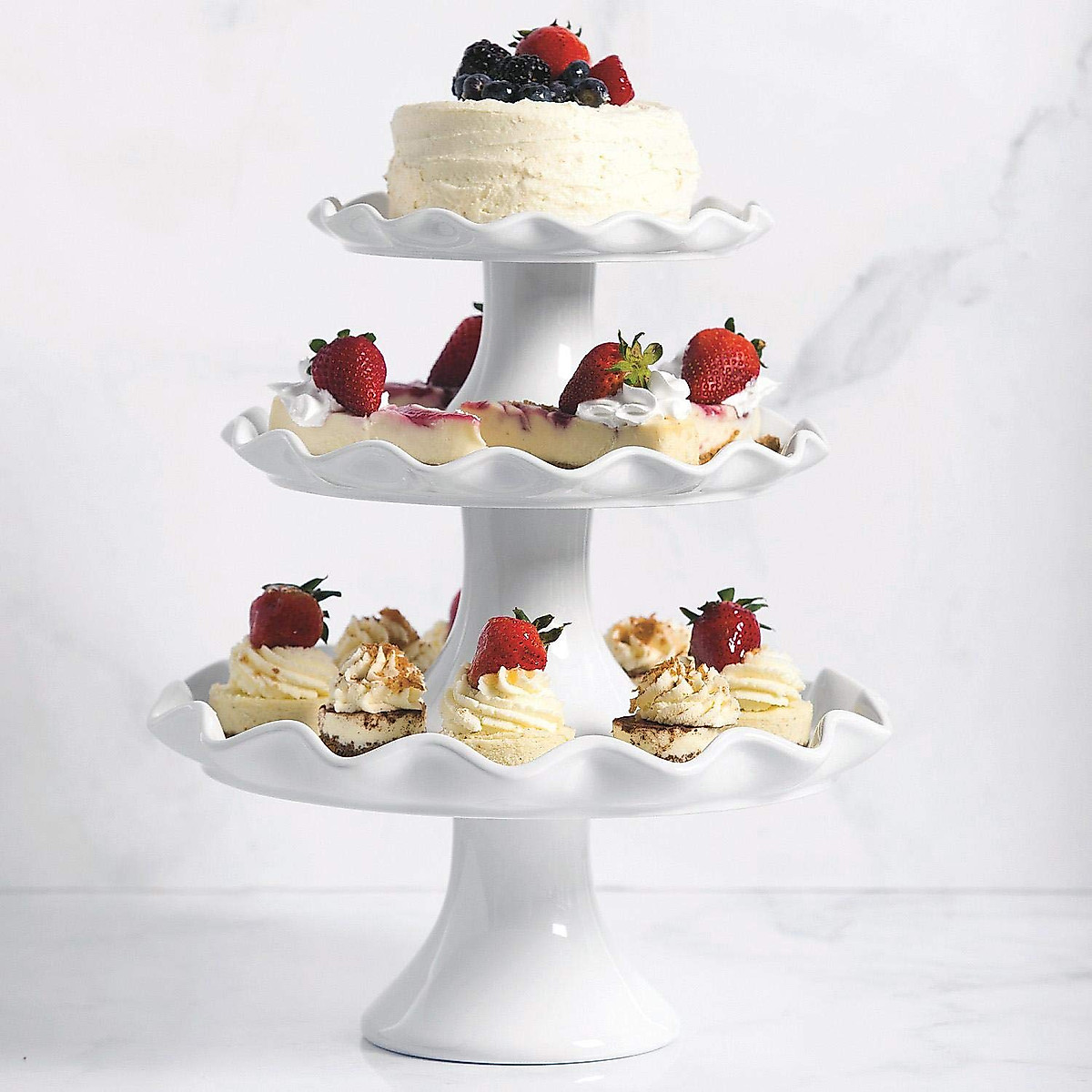Elegant 3-Piece Ruffled Edge Cake Stand Set - Use as Cupcake Stand, Wedding Cake Stand, Dessert Stand or as a Stunning Serving Station