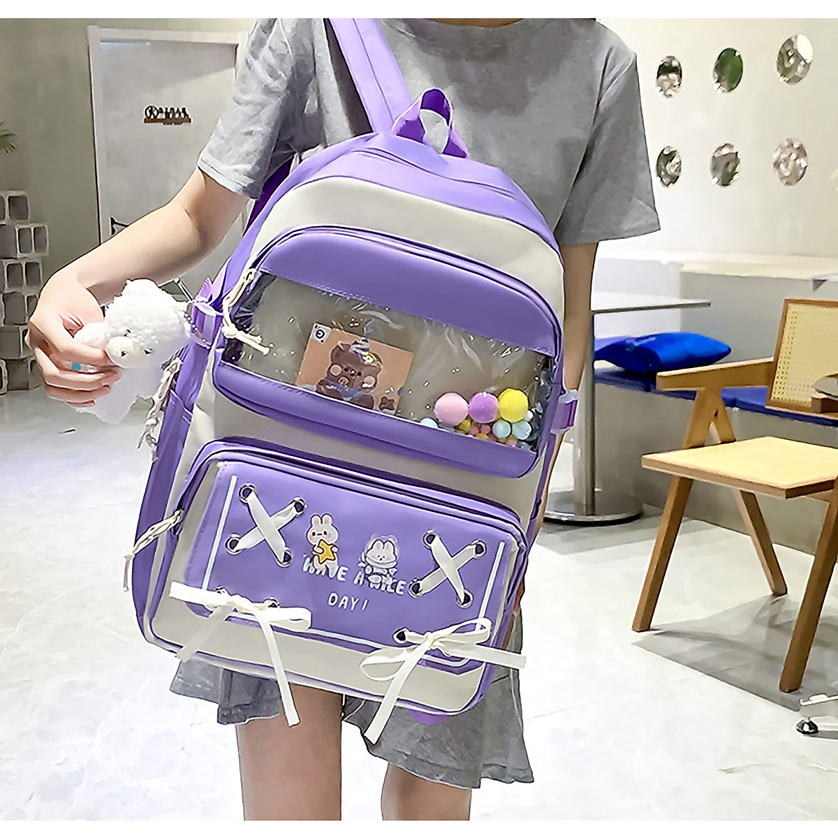 DUOBAOYU 5PCS Kawaii Backpack Set with Cute Pendants and Pins Accessories Aesthetic Rucksack for Teen Girls 17in Cute School Bags Bookbag with Shoulder Bag,Pencil Box,Tote Bag,Small Bag,Purple