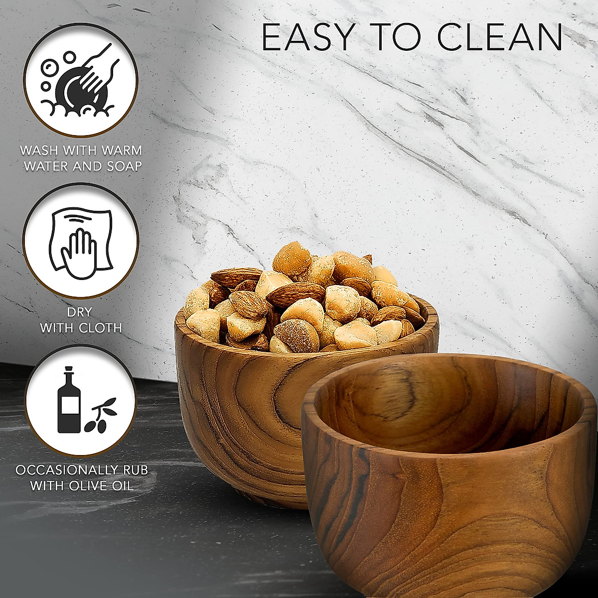 YUNIFF Teak Wood Rice Bowl, Wooden Small Bowl, Condiment Bowl for Sauces, Soups and Nuts, All Natural, Lightweight and Easy to Clean Set of 4