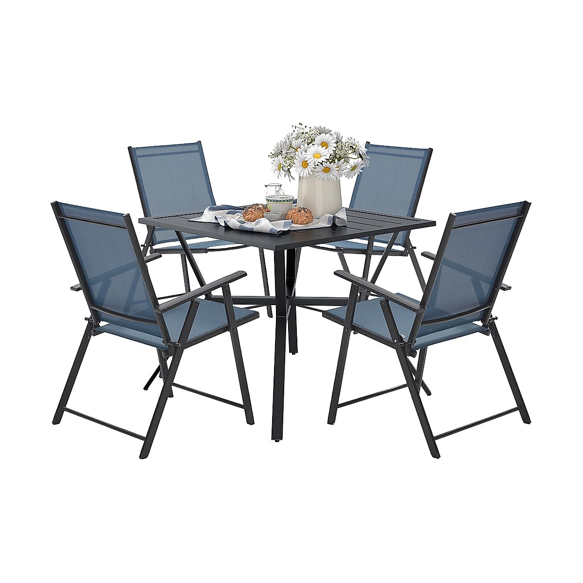 VICLLAX 5 pcs Patio Dining Table and Chairs Set, 4 Outdoor Reclining Folding Sling Chair with Armrest & 1 Square Patio Dining Table with 1.57" Umbrella Hole(Dark Blue/Black)