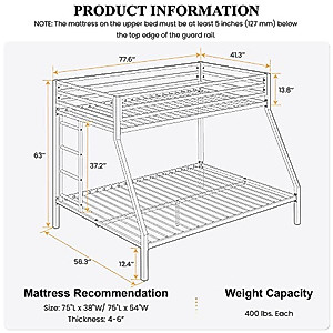 SHA CERLIN Metal Bunk Bed Twin Over Full Size with Removable Stairs, Heavy Duty Sturdy Frame with 12" Under-Bed Storage for Teen & Adults, Teens, No Box Spring Needed, Black