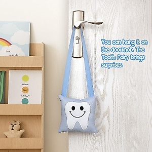 Linen Tooth Fairy Pillow,Tooth Fairy Pillow with Pocket Door Hanger Birthday Gift for Kids Tooth Fairy Souvenir for Boys and Girls Tooth Fairy Gift(Blue)