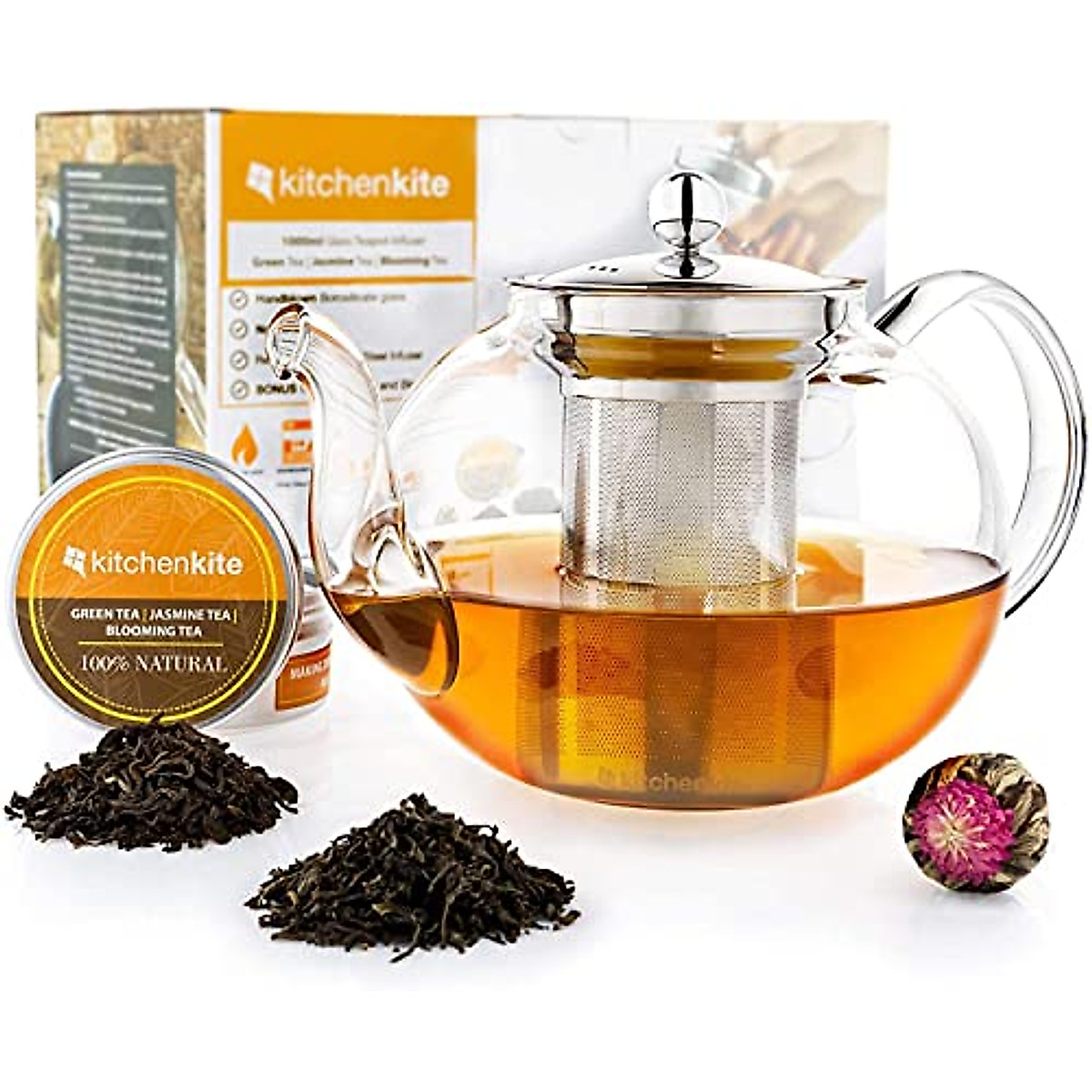 Glass Teapot with Infuser- Glass Tea Kettle for Stove Top with Removable Stainless Steel Strainer, Microwave & Dishwasher Safe, Tea Pot with Blooming, Loose Leaf Tea Sampler, Tea Diffuser & Tea Maker