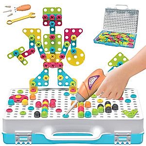 249 PCS STEM Learning Toys – Electric Drill DIY Educational Set, Creative Engineering with Various Shapes and 5 Toy Tools – 2&3D Mosaic Construction Kit for Toddlers, Boys and Girl Ages 3 4 5 6 7 8 9