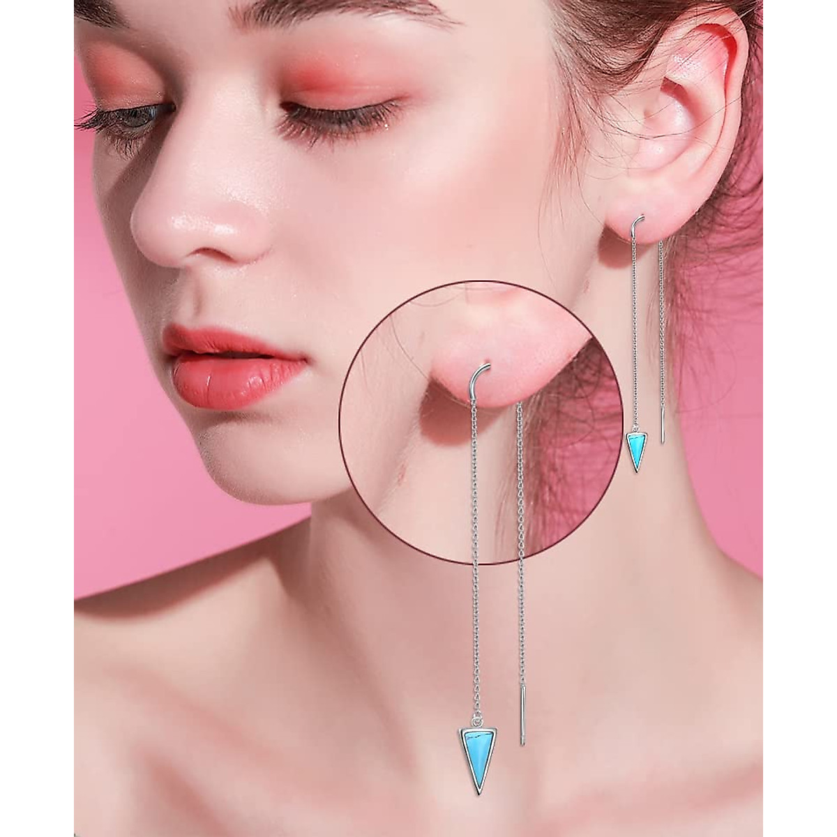 Threader Earrings Triangle Earrings Sterling Silver Created Turquoise Dangle Drop Long Chain Earring for Women Thread Earrings (turquoise)