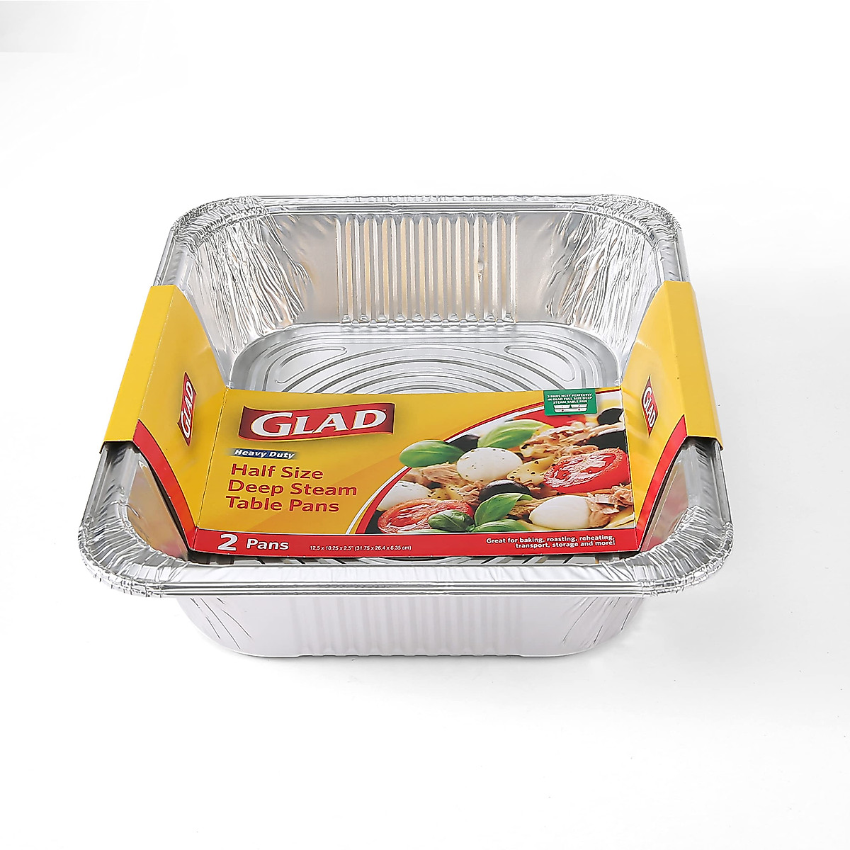 Glad Disposable Half Size Aluminum Steam Pans - 2 Count, 12.5 x 10.25 x 2.5 Inches, Foil Pans for Steaming