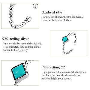 Qings Turquoise Ring Adjustable Open - Sterling Silver Stackable Statement Ring Blue Square Gemstone Twisted Rope Ring Vintage Boho Women Fashion Ring Western Wedding Jewelry Gifts