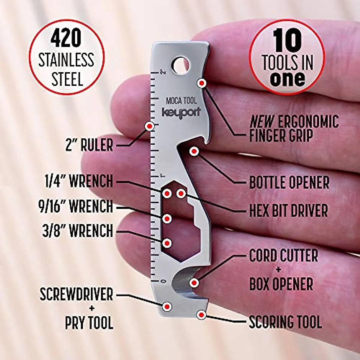 Keyport MOCA 10-in-1 Keychain Multitool | EDC Multi Tool - Prybar, Bottle Opener, Screwdriver, Box Opener, Cord Cutter & More | TSA Friendly Key Tool | Stainless Steel | Keyport Pivot Compatible