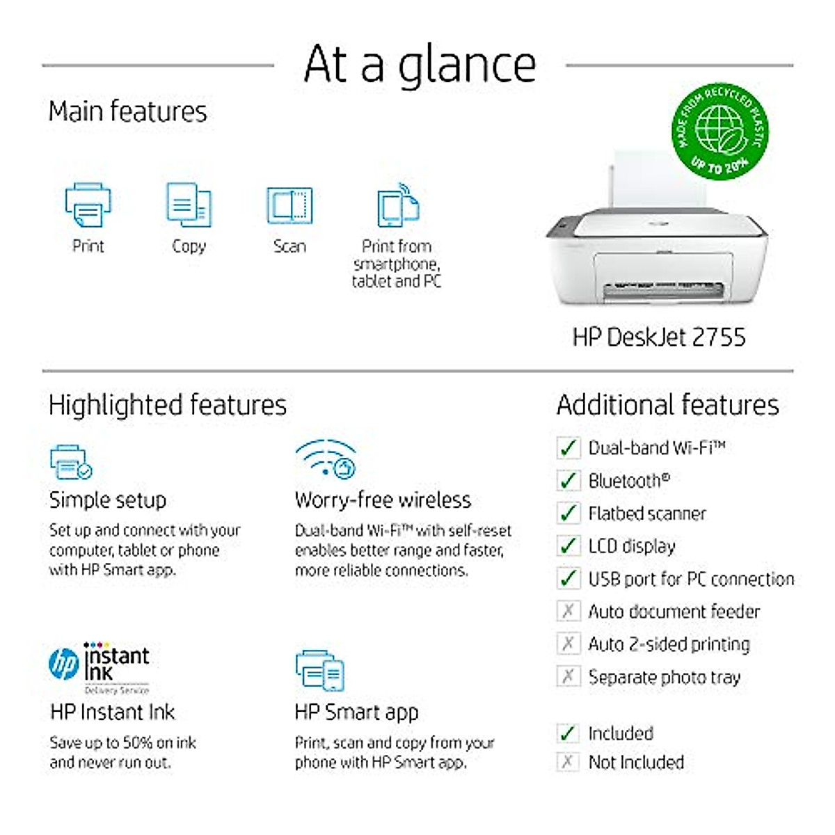 HP DeskJet 2755 Wireless All-in-One Printer, Mobile Print, Scan & Copy, HP Instant Ink Ready, Works with Alexa (3XV17A)