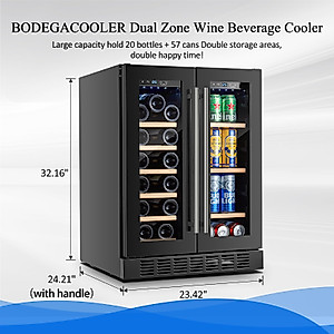 BODEGACOOLER 24 Inch Wine and Beverage Refrigerator, Dual Zone Wine Cooler Refrigerator, Wine and Beer Refrigerator Under Counter Cooling With Compressor,Hold 21 Bottles and 57 Cans [Black]