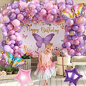 Butterfly Birthday Decorations Party Supplies for Girls Women with Pink Purple Balloon Arch Kit Backdrop Tablecloth Butterfly Wall Decor Foil Balloons Cake Toppers