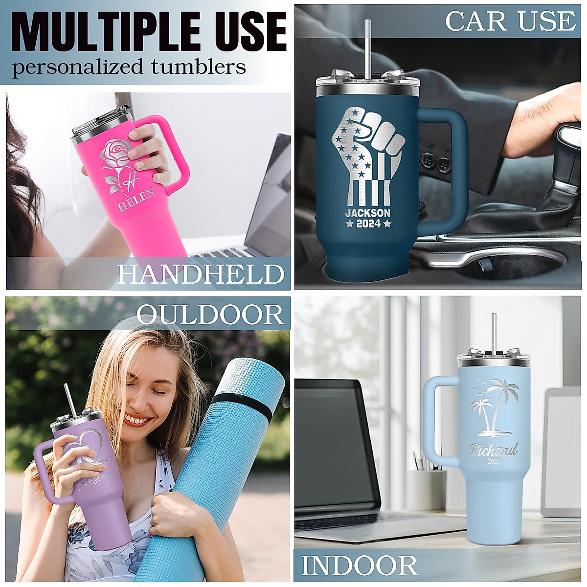 Personalized 40 Oz Tumbler with Handle and Straw Lid, Custom Stainless Steel Water Bottle Travel Mug with Names, Personalized Birthday Gifts for Mom Women Men Friend,Christmas (40 engraved)