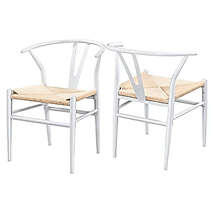 Yaheetech Set of 2 Weave Chair Mid-Century Metal Dining Chair Y-Shaped Backrest Hemp Seat, White