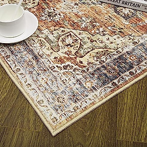 ROYHOME Area Rug 8x10 Machine Washable Rug Traditional Distressed Carpet Stain Resistant Non-Slip Floor Cover Carpet Rug Oriental Medallion Accent Rug for Living Room Bedroom Dining Room, Orange