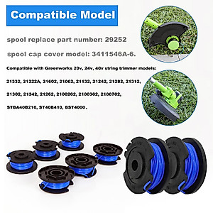 JOYCOLY Weed Eater String Replacement Spool Compatible with Greenworks 21332 21342 24V 40V 80V Cordless String Trimmer, 0.065 Inch Single Line Auto-Feed Spool, Model 29252 (6 Spool, 1 Cap) Blue